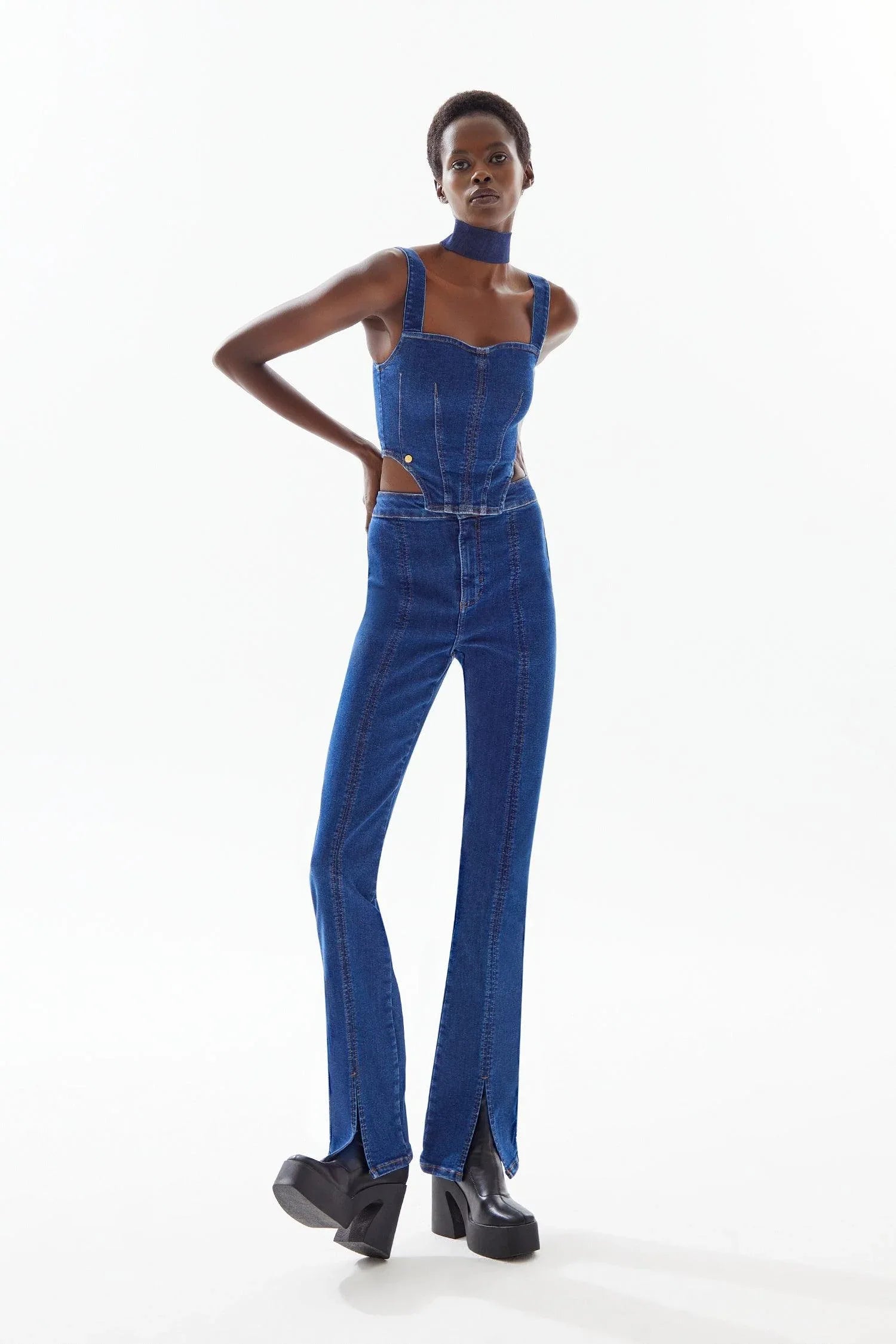 NAVY BLUE WOMEN'S SLIPPED FRONT JEAN PANTS – jusdepommes