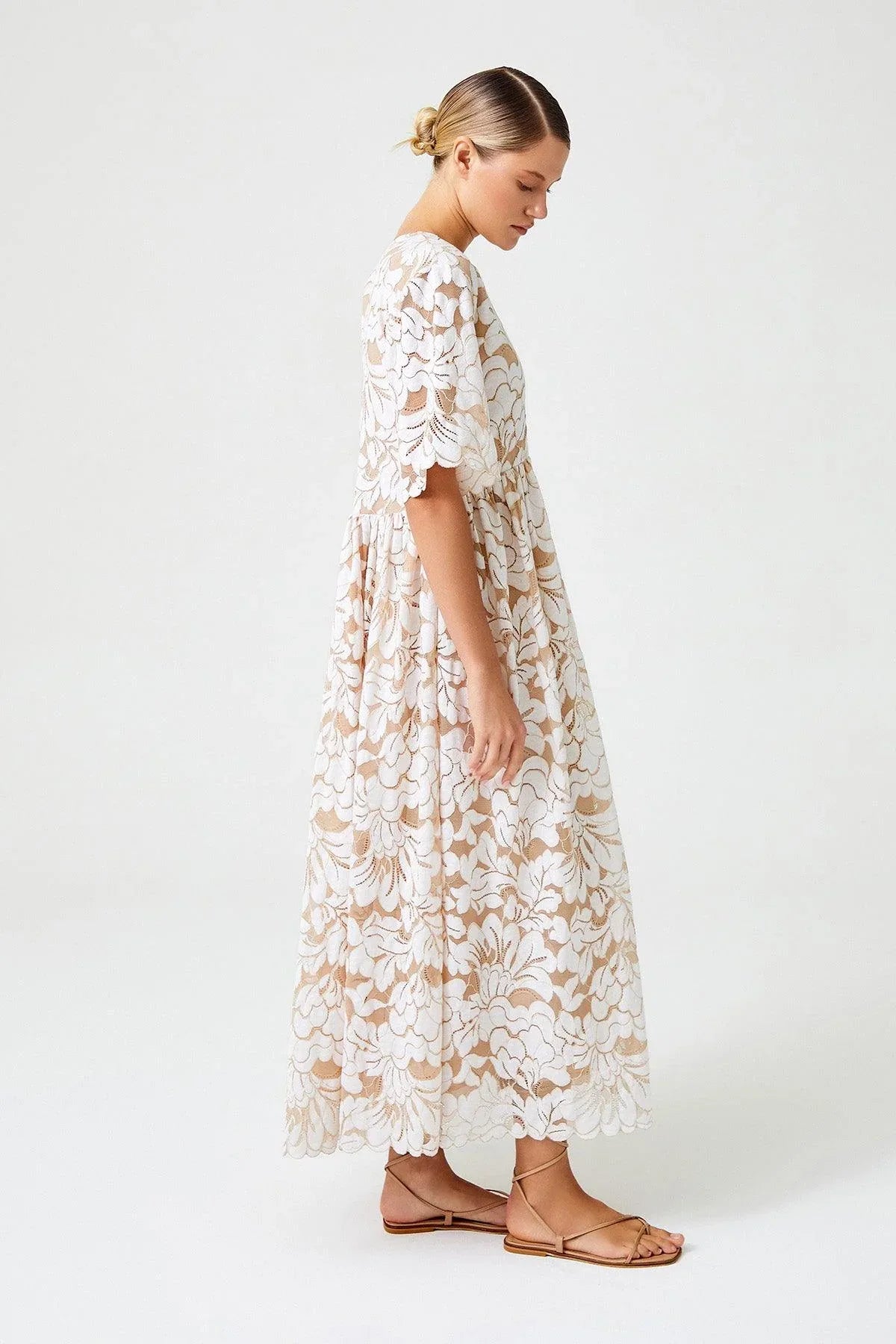 WHITE BEIGE BROIDERED LACE LONG DRESS – jusdepommes